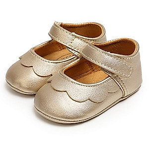 SOFMUO Baby Girls Mary Jane Flats Non-Slip Soft Rubber Sole Infant Sneakers Toddler Princess Dress Walking Shoes(Gold,12-18 Months)