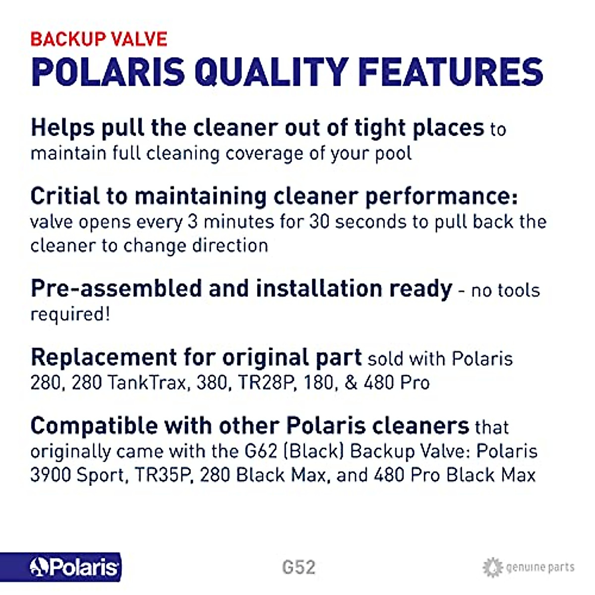 Polaris Genuine Parts G52 Backup Valve Replacement Kit for Automatic Pressure-Side Pool Cleaner VacSweep 280, 380, 180