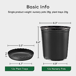 GROWNEER 12 Set 6‘’ 1 Gallon Nursery Pot for Plants Flexible Flower Pots with Drainage Hole and Saucer, Plant Container for Indoor Outdoor, Seedlings, Vegetables, Succulents, Cuttings(Black)