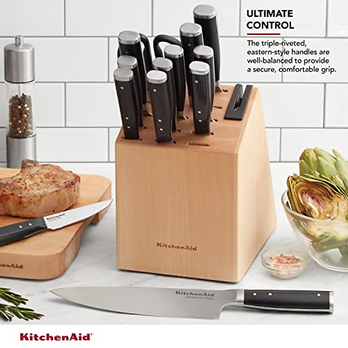 KitchenAid Gourmet 14 Piece Forged Triple Rivet Knife Block Set with Built in Knife Sharpener, High Carbon Japanese Stainless Steel Kitchen Knives, Sharp Kitchen Knife Set with Block, Birchwood