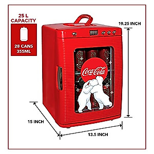 Coca-Cola Polar Bear 28 Can Cooler/Warmer w/ 12V DC and 110V AC Cords, 25L (28 qt) Portable Mini Fridge w/Display Window, Travel Refrigerator for Snacks Lunch Drinks, Desk Home Office Dorm, Red