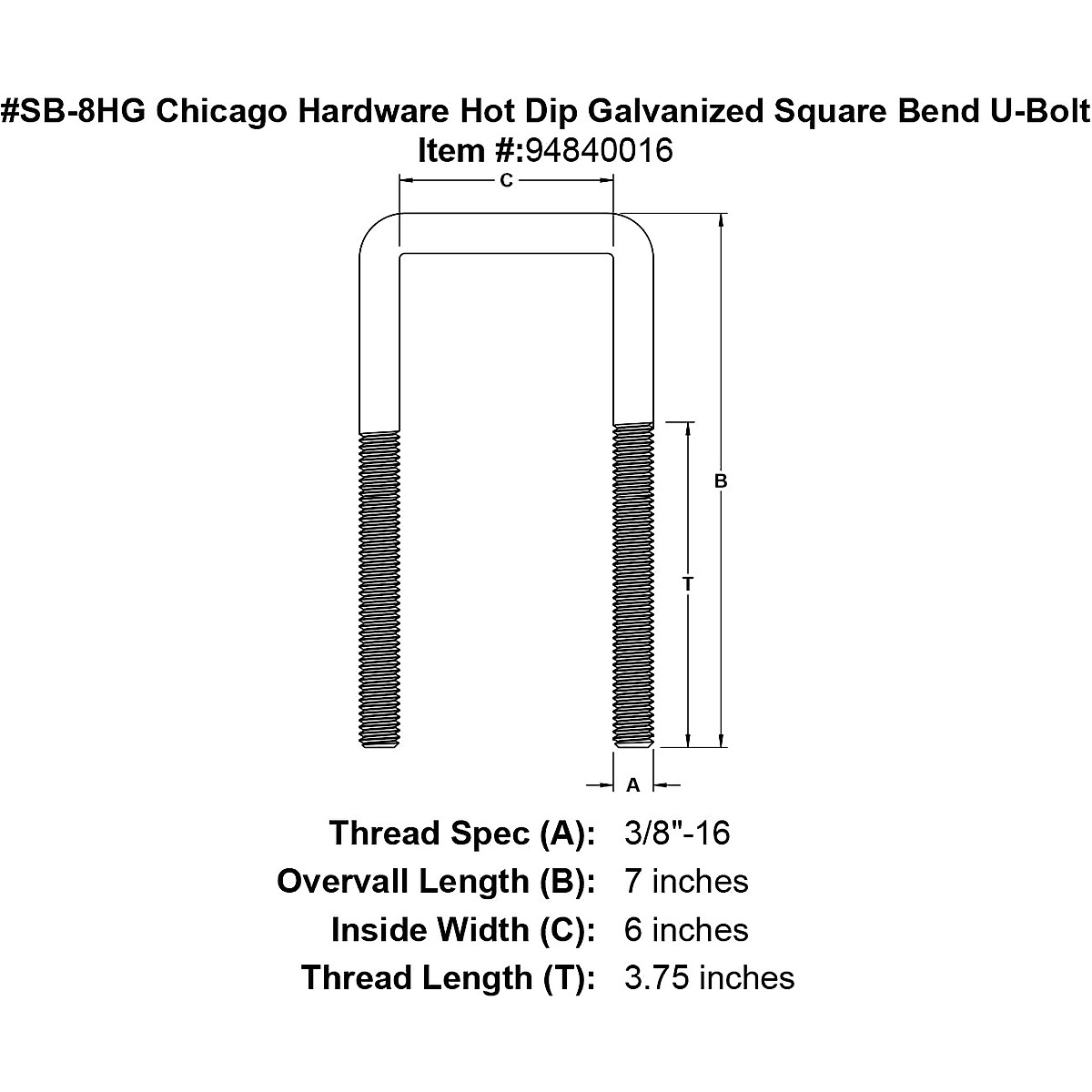 Chicago Hardware, 53440 6, U-Bolt, Square, Low Steel, 3/8-16