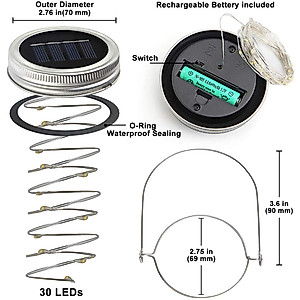 Urvoix Solar Mason Jar Lights - 8 Pack 30 Led Fairy Solar Jar Lid Lights with 8 Handle (Jars Not Included), Waterproof Outdoor Mason Jar Lights for Garden Backyard Patio Decor