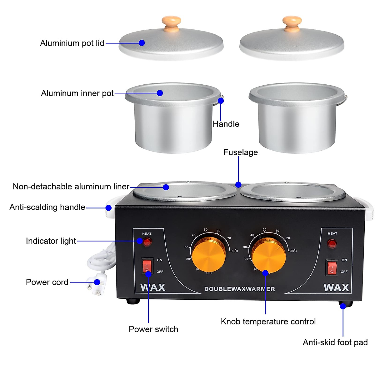 Double Wax Pot Electric Wax Warmer Professional Machine for Hair Removal, Wax Heater for Paraffin Facial Skin Body Spa Salon Equipment with 100 Waxing Cloth And 50 Removal Wooden Craft Sticks