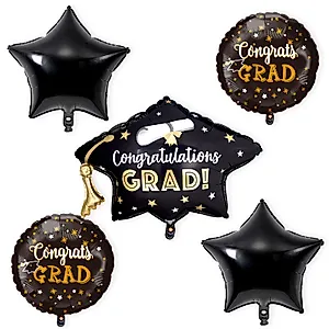 5Pcs Graduation Foil Balloons Class of 2024 Congrats Grad Mylar Balloons Decorations Set with Black Diploma Bachelor Cap Star Aluminum Helium Balloons for College Congratulations Graduate Party Decor