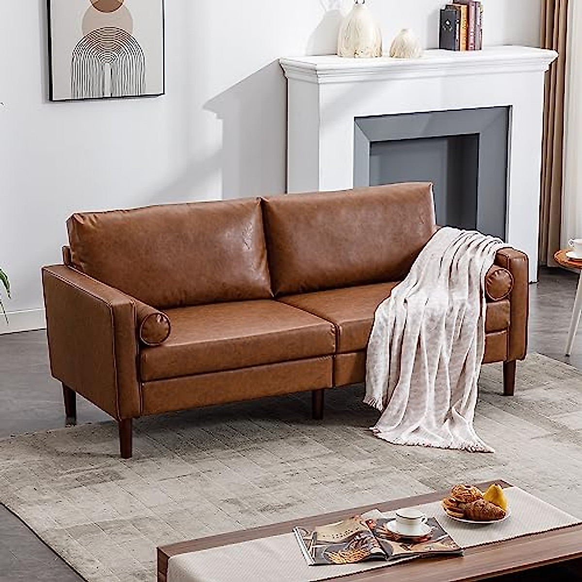 DIFY 77” Mid-Century Modern Loveseat Couch, Leather Faux Sofa with Two Upholstered Cushions, Comfortable Couch with Wooden Frame and 3 Seater, for Living Room, Bedroom, Office(Brown)