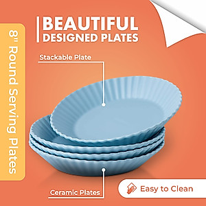 Bruntmor Set of 4 Elegant Matte 8" Round Ceramic Restaurant Serving Inner Fluted Dessert Salad Plates, Light Blue