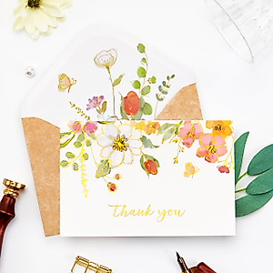 Crisky Wildflower Thank Cards with Envelopes 50 Pack bulk 4x6 Inch Kraft envelopes Flower Greeting Cards with Envelopes For Baby Shower, Wedding, Bridal Shower, Graduation