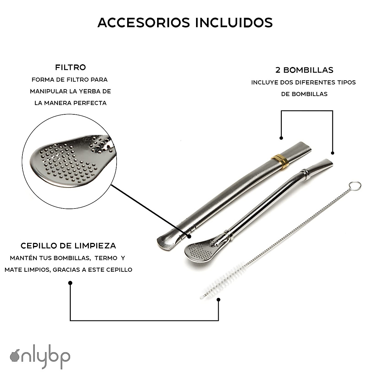 OnlyBP® Argentinian Yerba Mate Set - Includes Yerba Mate Cup, Thermos, 2 Bombillas and Cleaning Brush - Premium Quality 304 Stainless Steel - Double-Walled