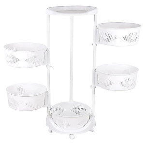 SAHUANIYE Rotating Storage Rack, 5-Tier Rotating Fruit Basket Racks For Kitchen, Movable Vegetable Storage Shelf Cart With Wheels, Floor Standing 360° Rotation Organizer For Potato & Onion, White