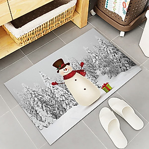Queener Home Winter Christmas Tree and Snowman Kitchen Rugs and Mats Set of 2, Washable Floor Doormat Comfort Area Runner Rug Non-Slip Rubber Backing for Indoor Cartoon Pattern