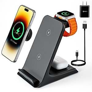 eazpower Wireless Charger for Thick Cases of 10MM/Otterbox/Popsocket Compatible, 3 in 1 Charging Dock for iPhone 15 14 13 12 11 Pro Max, Charging Station for Multiple Devices for Apple Watch/AirPods