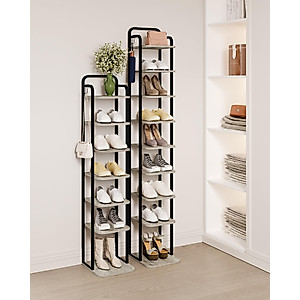 Hzuaneri Vertical Shoe Rack, Shoe Shelves, Wood Shoe Organizer for Closet, Entryway, Shoe Tower for Small Spaces, Free Standing, Adjustable, with 2 Hooks, 7 Tier Greige SR20205B