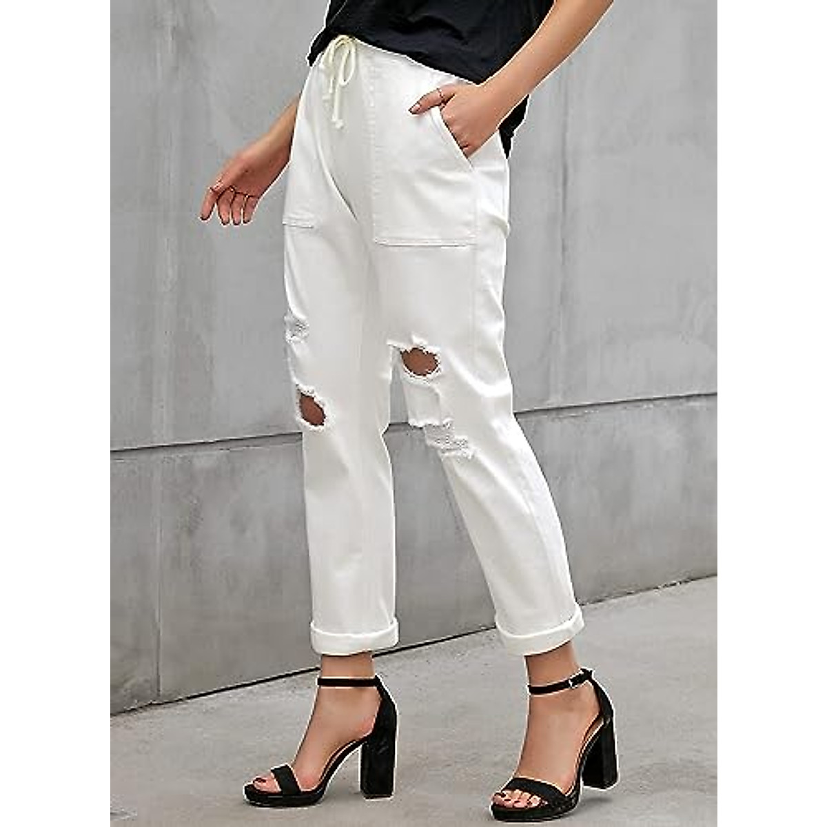 Metietila Women’s Casual Pull-on Distressed Stretch Jean Elastic Waist White Jeans Denim Joggers Pants for Women Medium