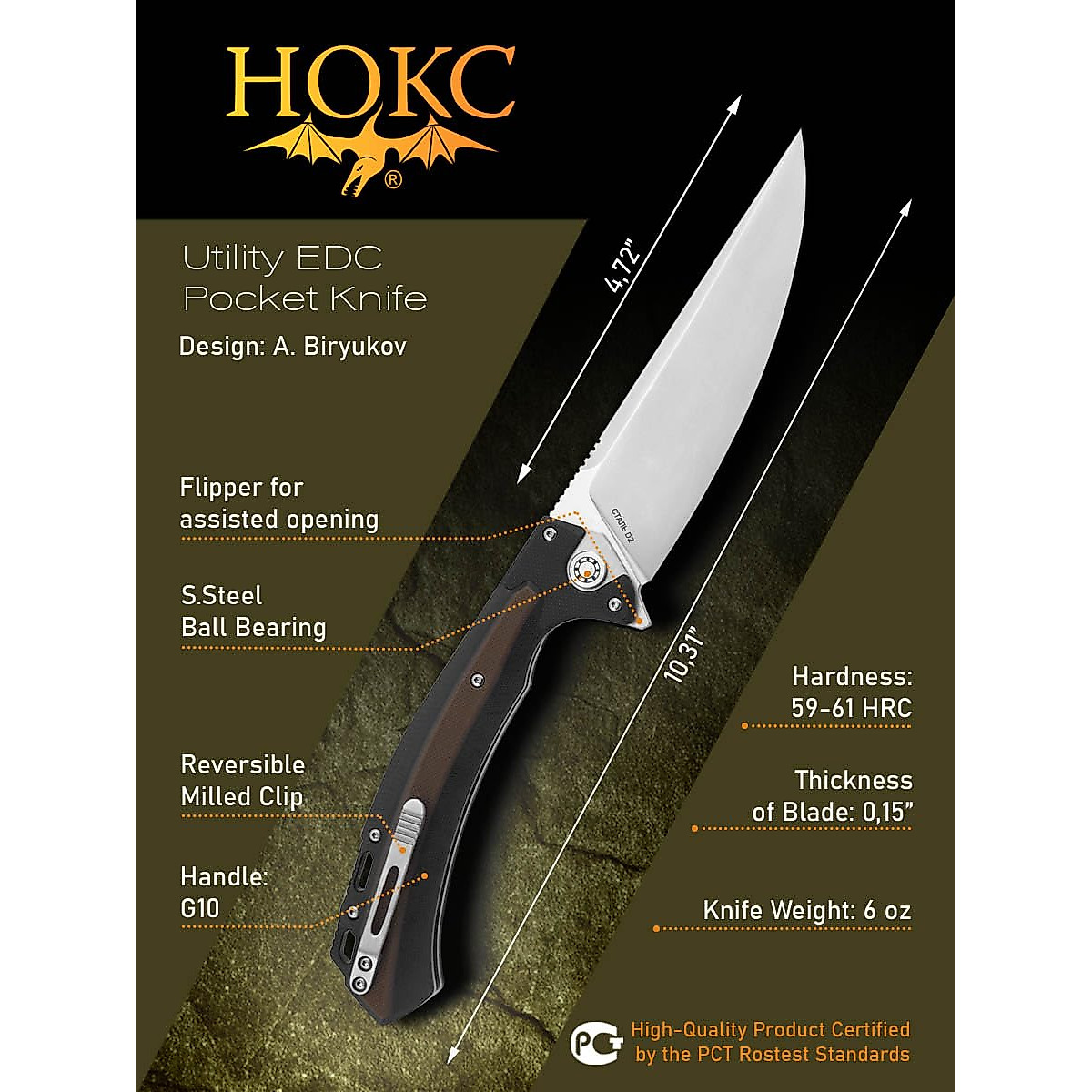 HOKC Nuker | 347-109406 | Utility Knife, Pocket Knife, EDC Knife by Official Dealer - Designed by Russian Master Aleksander Biryukov - Liner Lock, G10 Handle, Finger Flipper, Ball Bearing Pivot, Adjustable Pocket Clip, Long and Durable D2 Stainless Tool S