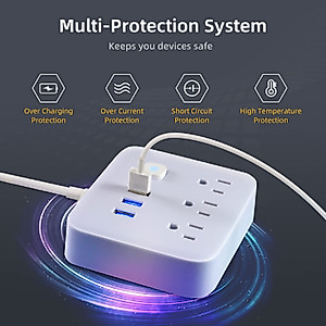 USB Flat Plug power strip]Extension Cord with 3 Outlets 3 USB Ports(Smart 2.1 A), 4ft Power Cord,UL Compact