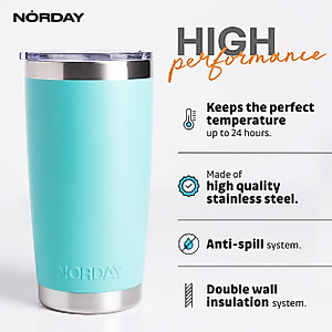 NORDAY | 20oz Vacuum Insulated Travel Cup With Lid - Aqua | Stainless Steel Double Wall Coffee Tumbler - Keeps Temperature up to 24hr - Anti Spill Lids