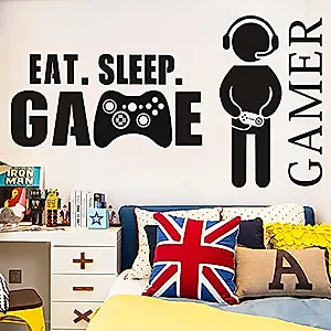 Gamer with Controller Wall Decal, Eat Sleep Game Boy Decal Wall Sticker, Vinyl Art Design Sticker Wall for Home, Playroom Bedroom Decoration Wallpaper (2)