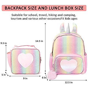Girls Backpack, Kids Backpack for Girls with Lunch Box Girls Rainbow Unicorn Backpack Sequin Glitter School Backpack Preschool Kindergarten Elementary School Bag for 4- 8 Years Old Girl