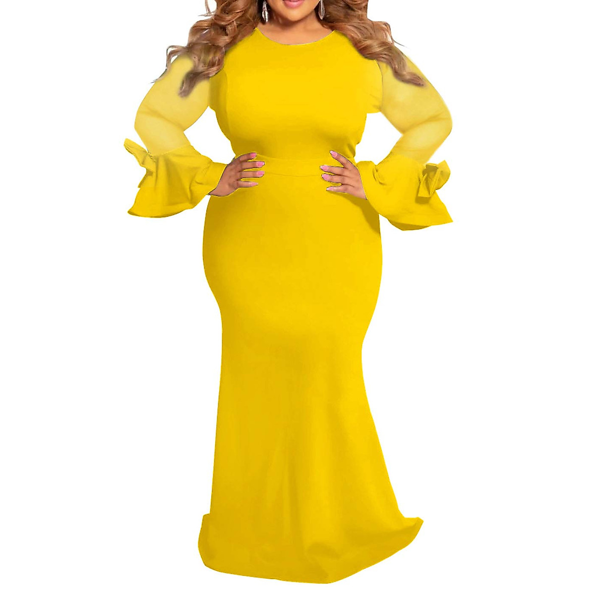 IyMoo Women's Sexy Plus Size Bodycon Ruffle Shoulder Cocktail Evening Mixi Dress Yellow 2XL