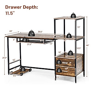 COSTWAY 55.5 Inch Computer Desk, Home Office Desk with Shelves, 2 Drawers, Keyboard Tray & Movable CPU Stand, Study Desk, Writing Workstation, Laptop Table for Small Space, Rustic Brown