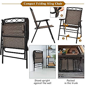 Giantex Patio Dining Set Round Glass Table with 2 Patio Folding Chairs, Outdoor Table and Chairs for Garden, Pool, Backyard, Tempered Glass Tabletop with Umbrella Hole (Brown)