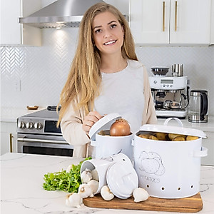 Potato Onion Garlic Storage Bin with Lid - Set of 3 - Kitchen Pantry Organizer and Tin Vegetable Keeper - Vintage White Farmhouse Metal Containers - Counter Fresh Produce Canister Bins by GOVÅ