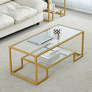 Golden Metal Glass Coffee Table - Two-Tiered with Tempered Glass, Stylish Metal Frame Coffee Table for Bedroom, Dining Room, Office Room.