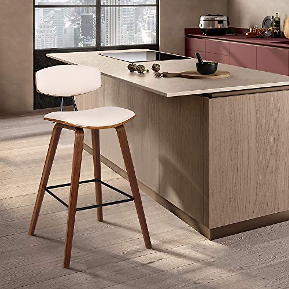 Armen Living Fox Multi Color Option Faux Leather Kitchen Barstool with Walnut Wood Frame and Black Powder Coated Footrest, 26" Counter Height, Cream,LCFOBAWACR26