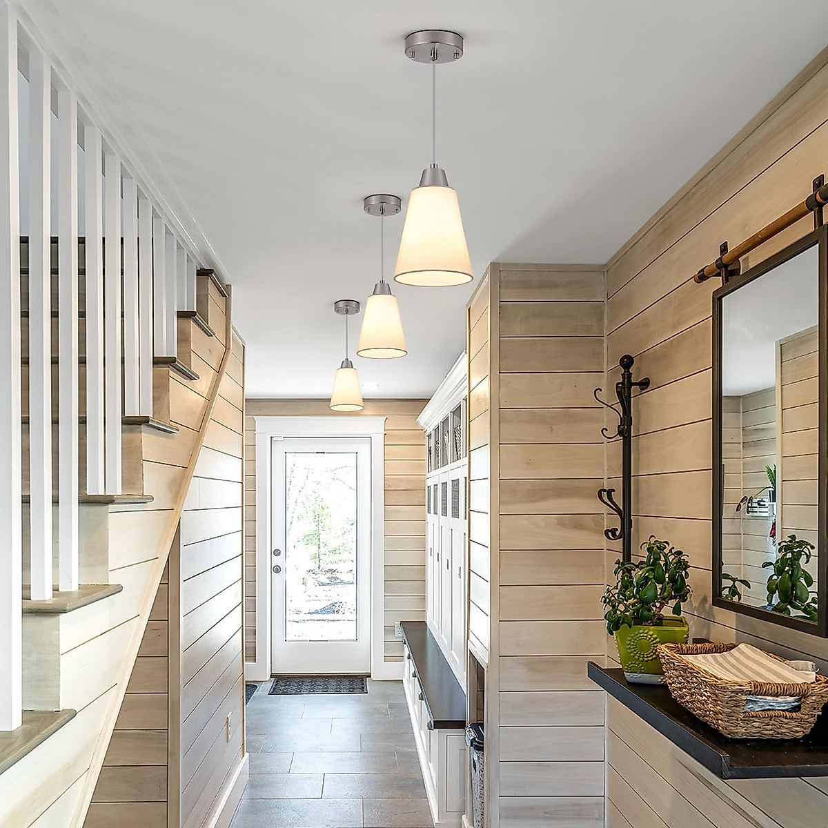 Brushed Nickel Pendant Light Set of 3,Silver Pendant Lights Kitchen Island, Dining Room Lamp Fixtures Over Table with White Fabric Shade, Modern Mini Chandeliers,Adjustable Cord Hanging Lighting