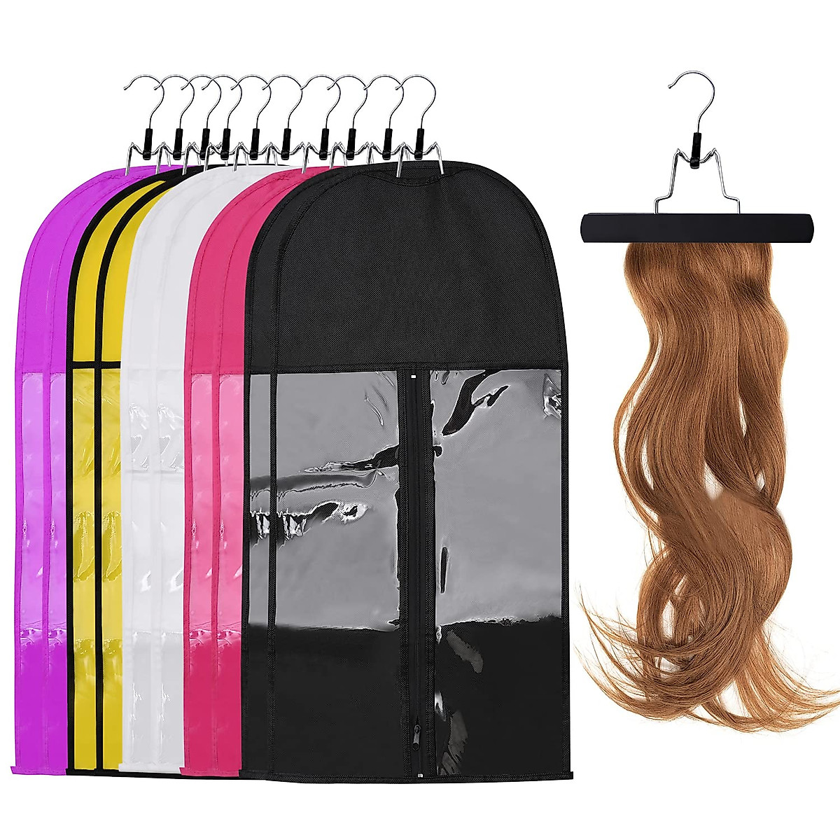 Hair Extension Storage Bag, 5 Pack /10 Pack/ 20 Pack Hair Extension Holder with Hanger, Strong Portable Hair Extension Hanger, Dustproof Portable Suit with Transparent Zip Up Closure, for Store Style Human Hair(10pcs Hair Storage Bag)