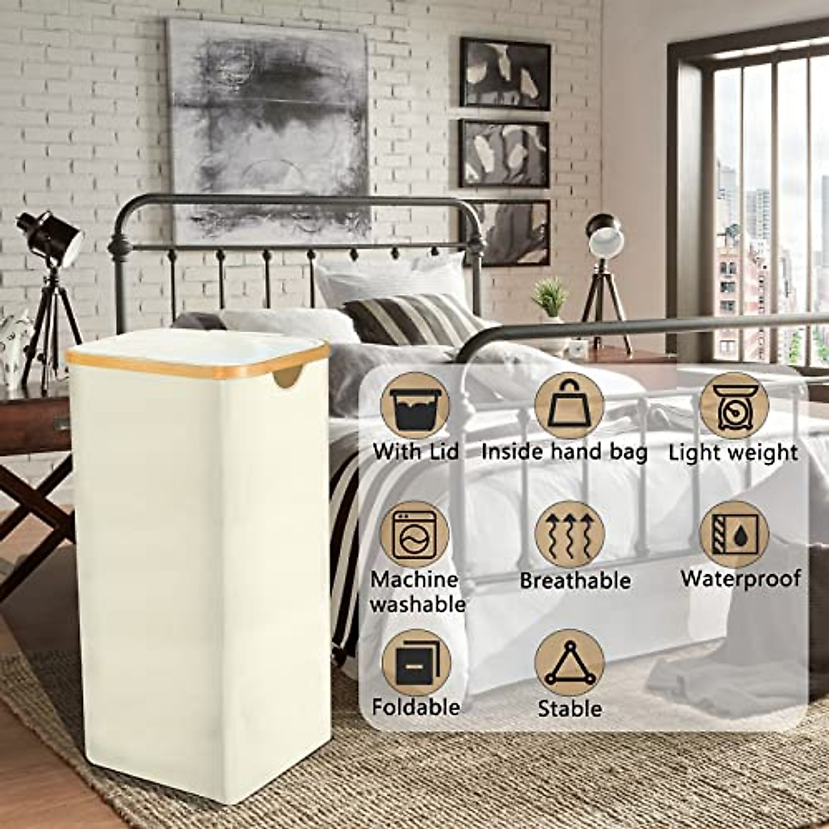Large Laundry Basket with Lid, Beige 100 L Laundry Hamper with Bamboo Handles, Portable Clothes Hamper for Bathroom, Bedroom, Toy Room, Freestanding Collapsible Laundry Baskets