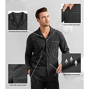 DAVID ARCHY Mens Pajamas Set Soft Cotton Notched Collar Pajamas for Men Long Sleeve Mens Sleepwear with Pockets & Front Fly (M, Black)