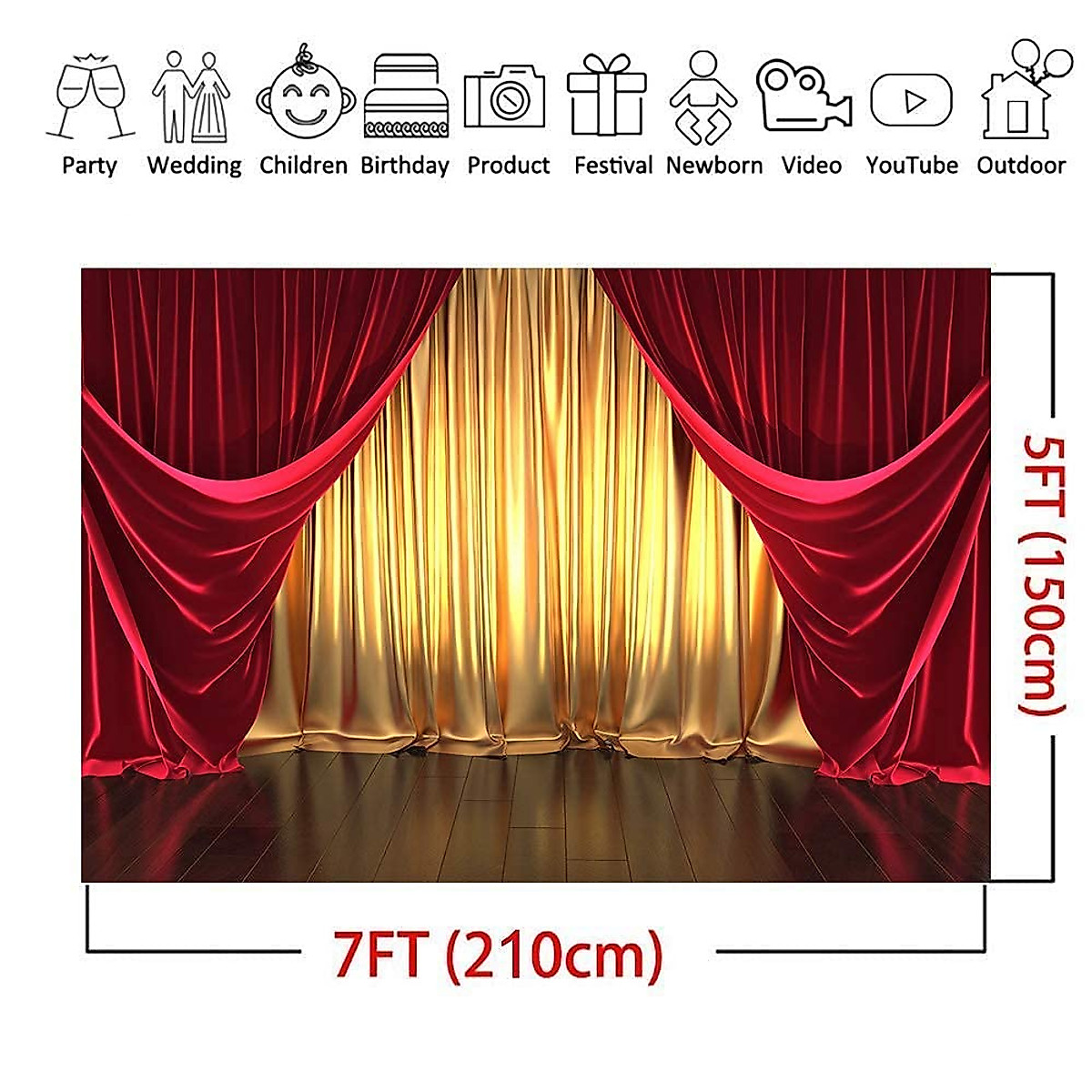 GYA 7x5ft Golden Red Curtain Party Backdrop Theater Masquerade Prom Background Kids Family Business Magic Show Circus Carnival Graduation Party Birthday Cake Table Banner