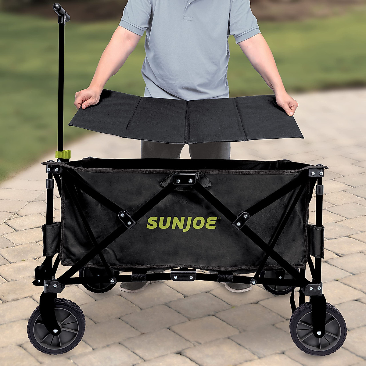 Sun Joe SJ-HDFC1 Heavy-Duty Metal Framed Garden Utility Wagon, w/Swivel Front Wheels & Adjustable Handle, Collapsible Design for Easy Storage and Portability, 150 Lbs Load Capacity, Black