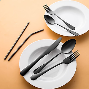 Gutuwellea 84 Pieces Black Silverware Set Service for 12 Flatware Set with Straws Stainless Steel Utensils Cutlery Set Dishwasher Safe