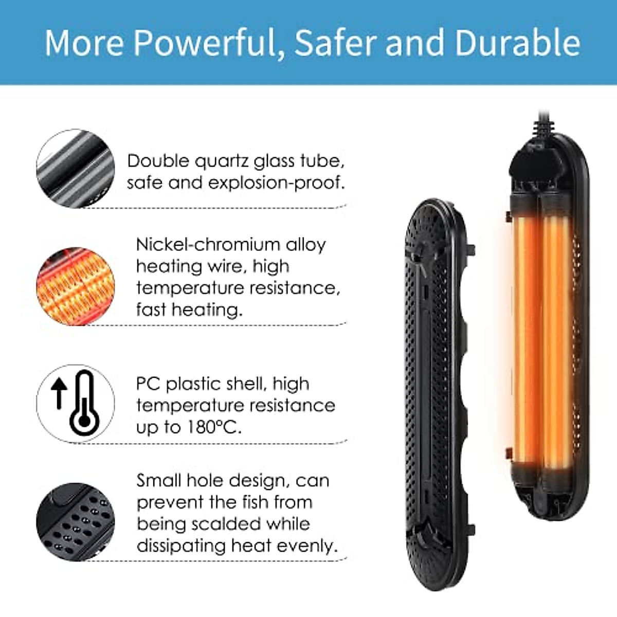 AQQA Aquarium Heater 500W 800W Submersible Fish Tank Heater with Double Explosion-Proof Quartz Tubes and External LED Display Controller for Marine Saltwater and Freshwater