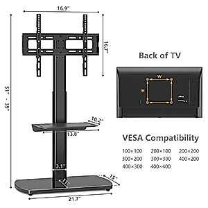 TVON Universal Floor TV Stand with Swivel Mount for 32-65 Inch TVs, TV Mount Stand for Bedroom and Corner with Height Adjustable Shelf and Tempered Glass Base, Black