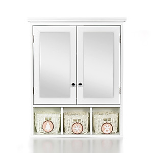 Bathroom Storage Cabinet, Medicine Cabinets for Bathroom with Mirror, 2 Doors 2 Adjustable Shelf + 3 Christmas Style Storage Basket, White Wood Cabinet Wall Mounted for Bathroom Laundry Room Kitchen