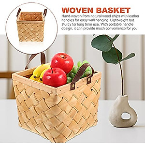Rattan Picnic Basket Natural Woven Woodchip Baskets with Leather Handle Wicker Laundry Hamper Seagrass Storage Bin Container for Fruit Vegetable 24cm