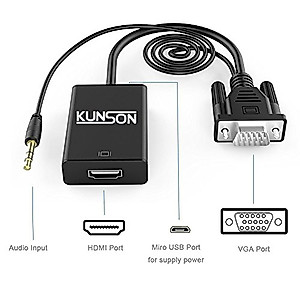 KUNSON VGA to HDMI Audio USB Conversion Cable, Slim Design, No Power Adapter Required, Supports Plug and Play, Suitable for Most Electronic Devices