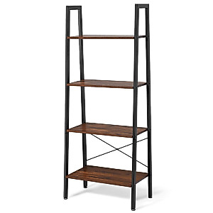 Giantex Ladder Shelf 4-Tier Industrial Bookshelf Storage Rack Shelves for Home and Office Use, Wood Display Rack with Metal Frame (Rustic Brown)
