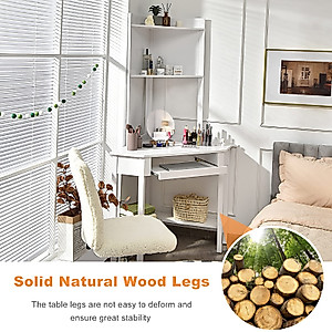 Tangkula White Corner Desk with Hutch, 90 Degrees Triangle Computer Desk with Keyboard Tray & Bookshelves for Small Space, Space Saving Writing Desk with Storage Shelves for Bedroom Apartment