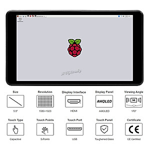 XYGStudy 5.5 inch Raspberry Pi HDMI Capacitive Touch AMOLED Display Monitor Toughened Glass Panel 1080×1920 with Protection Cover Case for Mini PC Raspberry Pi 4 Model B Computer Monitor
