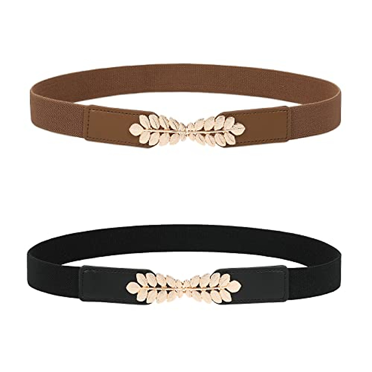 AWAYTR Skinny Belts for Women Dresses - Retro Olive leaves Buckle Stretchy Elastic Belts for Jeans(Black+ Brown,Suitable Waist 33-40in)