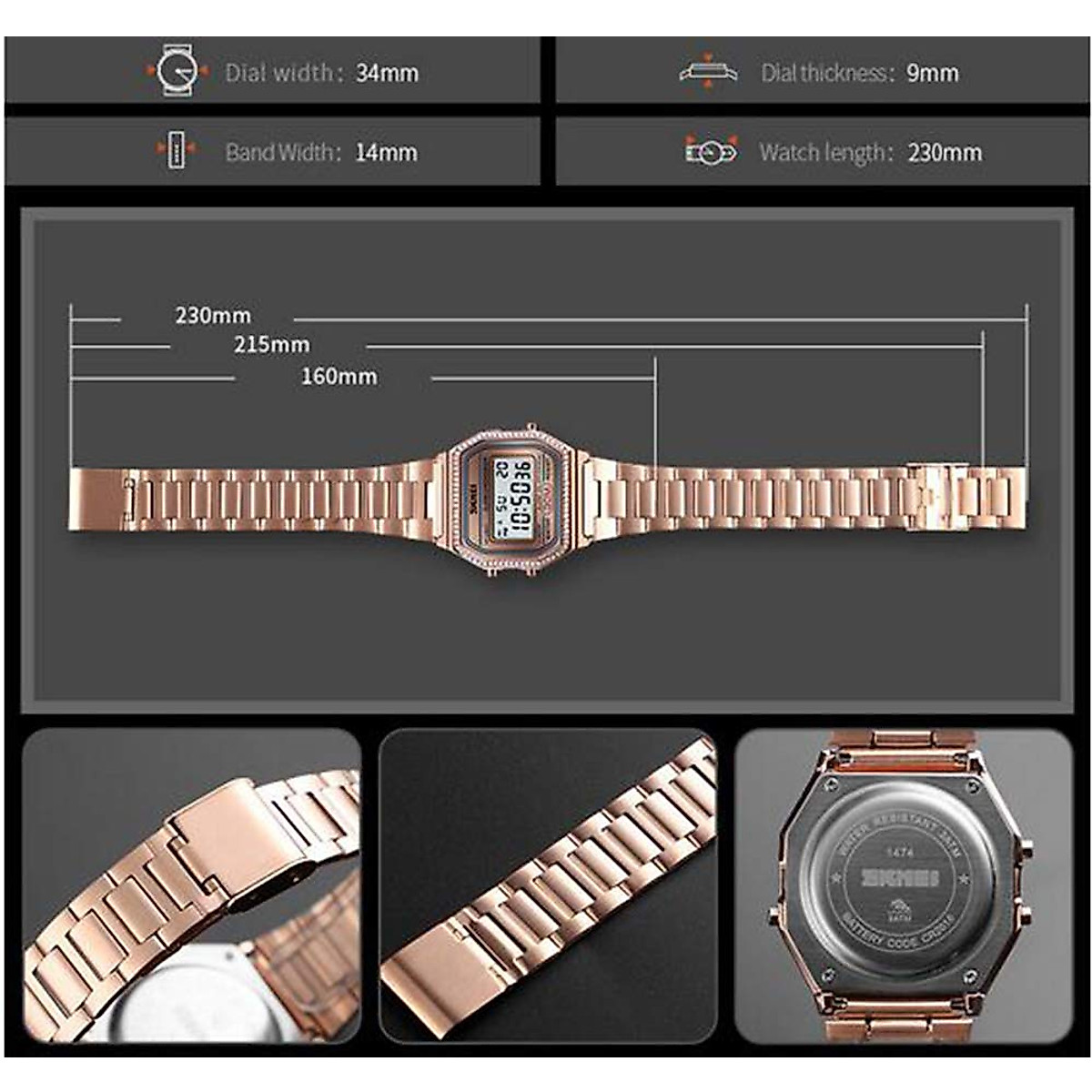 MASTOP Luxury Women Watches Full Steel Electronic LED Digital Fashion Ultra Thin Square Ladies Wrist Watches (Black) (Gold)