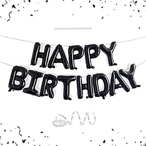 18 Inch 3D Foil Balloons Birthday Banner - Rope & Inflation Straw Included - Elegant Black Birthday Decorations - Party Decorations For Kids and Adults - Happy Birthday Balloon Sign - Thick Material