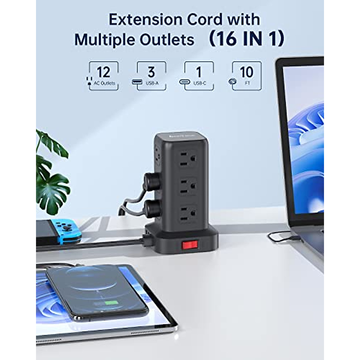 AnnTane Surge Protector Power Strip 10 FT Cord, Power Strip Tower with 4 USB Ports (1USB C), Extension Cord with 12 AC Multiple Outlets, Home Office Supplies Desk Accessories, Dorm Room Essentials