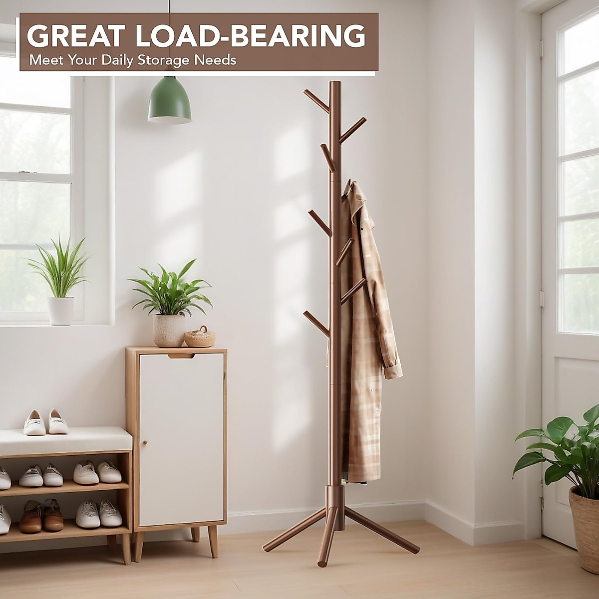 Hupmad Wooden Tree Coat Rack Stand,Sturdy Freestanding Coat Rack with 8 Hooks,3 Adjustable Height for Child Adult,Wood Coat Stand Tree Fits Entryway Bedroom Office for Bags,Hats