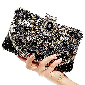 Small Beaded Clutch Purse Elegant Black Evening Bags Wedding Party Clutch Handbag Metal Chain Shoulder Bags